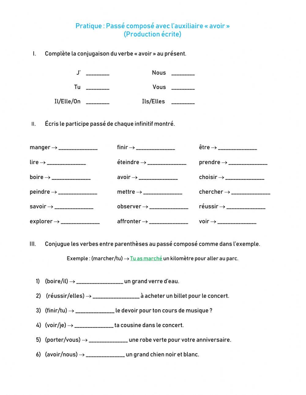 Pratique Le Passé Composé Avec Lauxiliaire Avoir Online Exercise