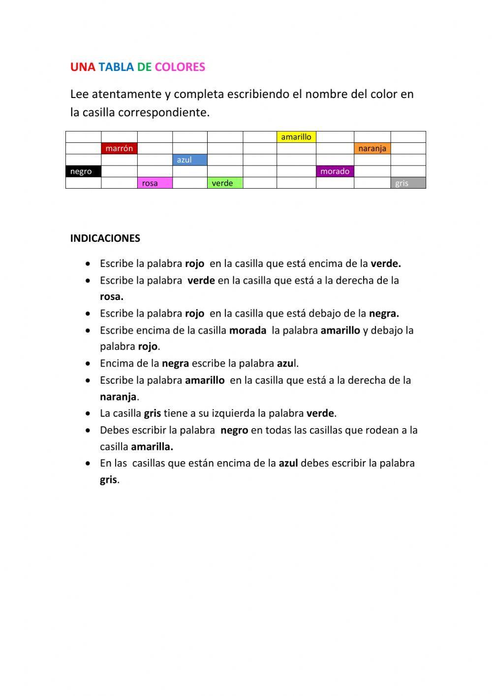 Una tabla de colores worksheet | Live Worksheets