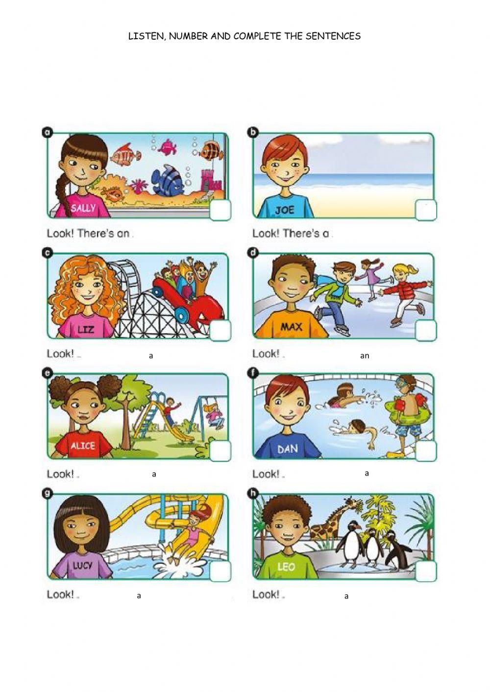 Listen, number and complete worksheet | Live Worksheets