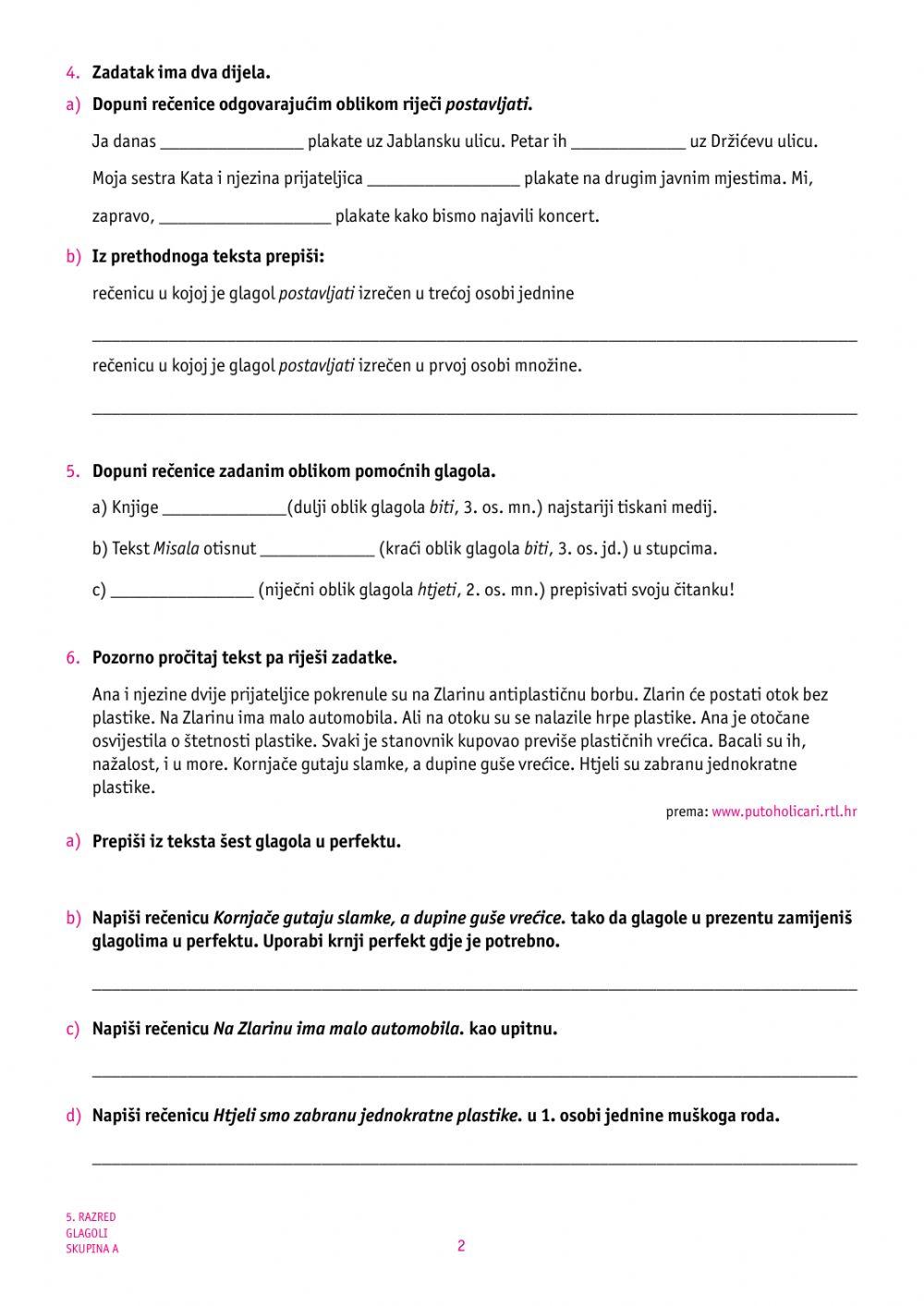 Glagoli (skupina A) - prijedlog provjere znanja za 5. razred online ...