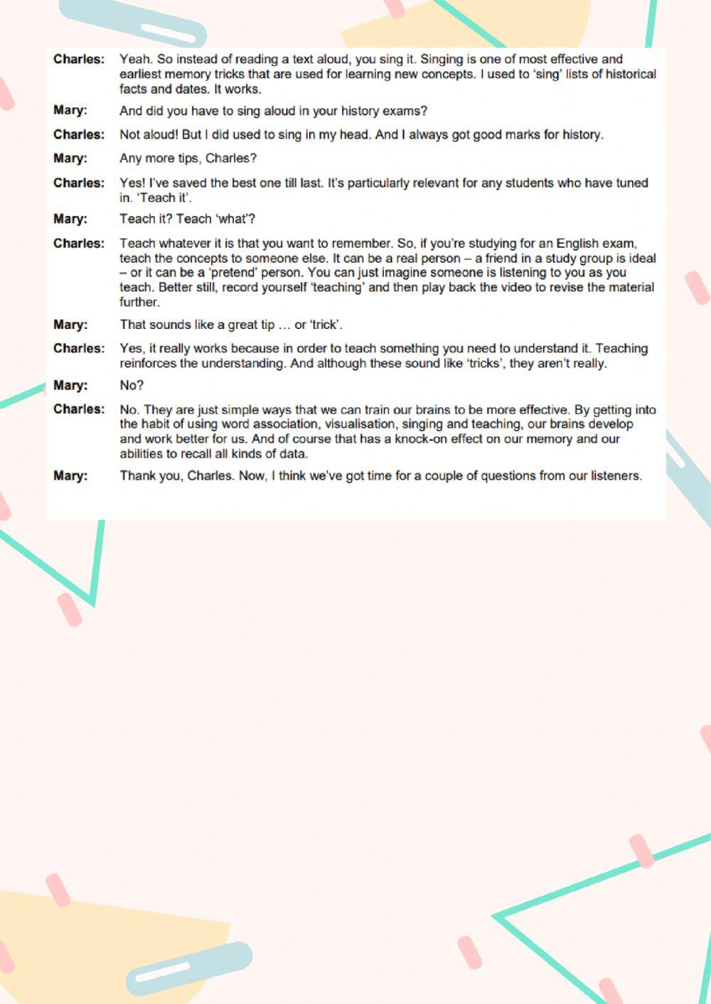 Memory Listening interactive worksheet | Live Worksheets