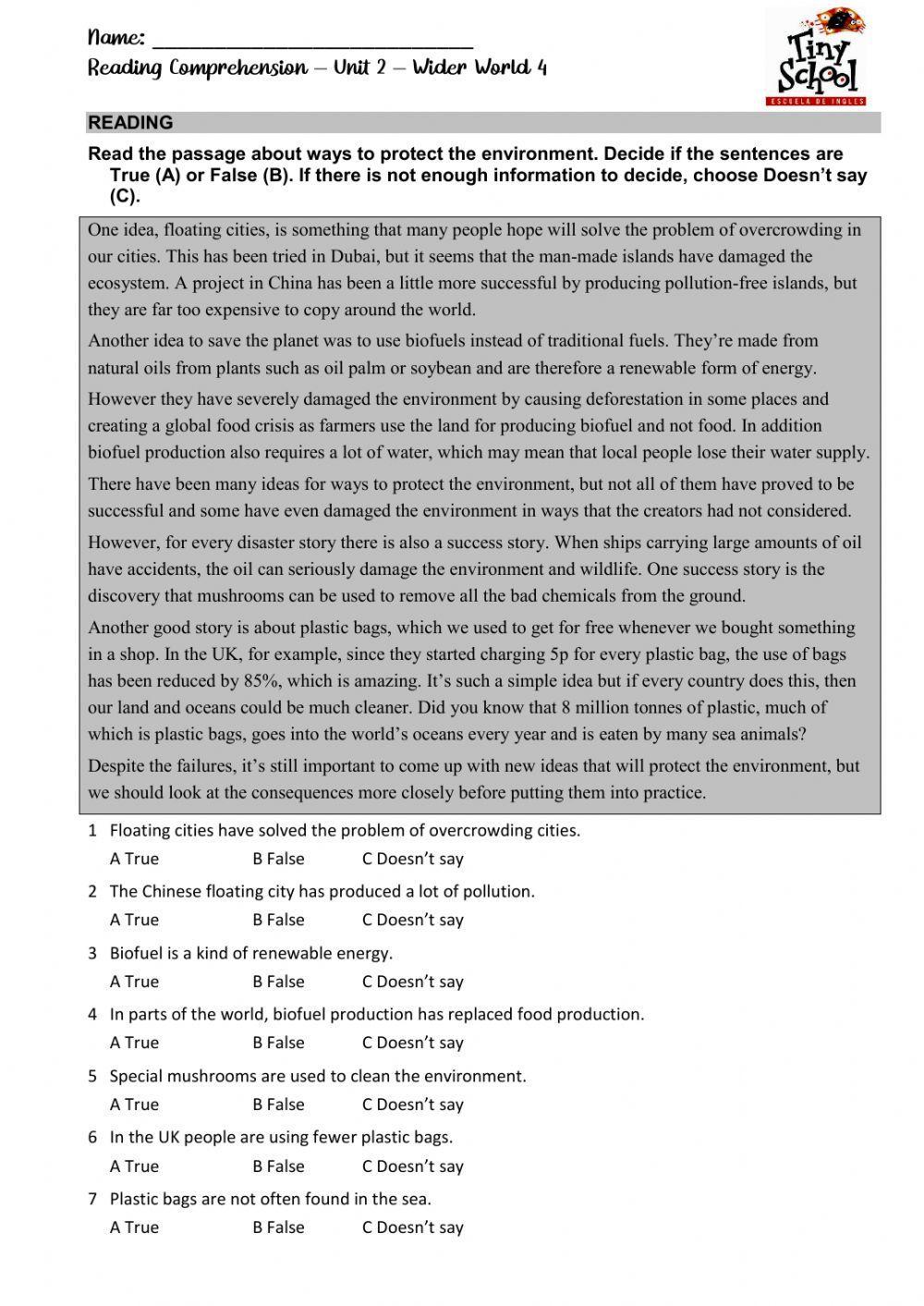 Reading comprehension online exercise for pet | Live Worksheets