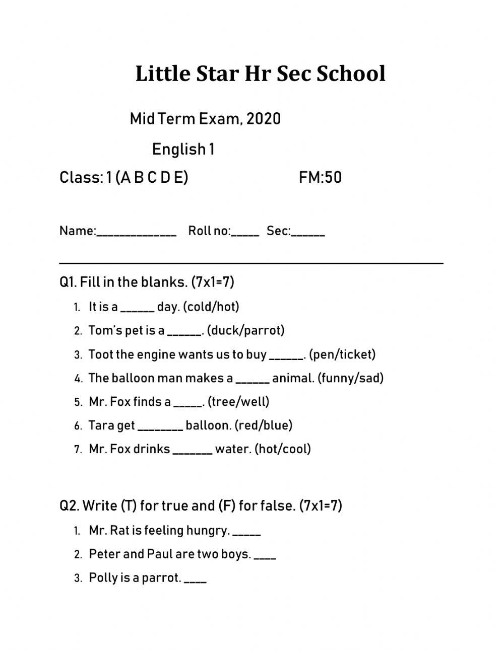 English 1 questionnaire 2020 worksheet | Live Worksheets