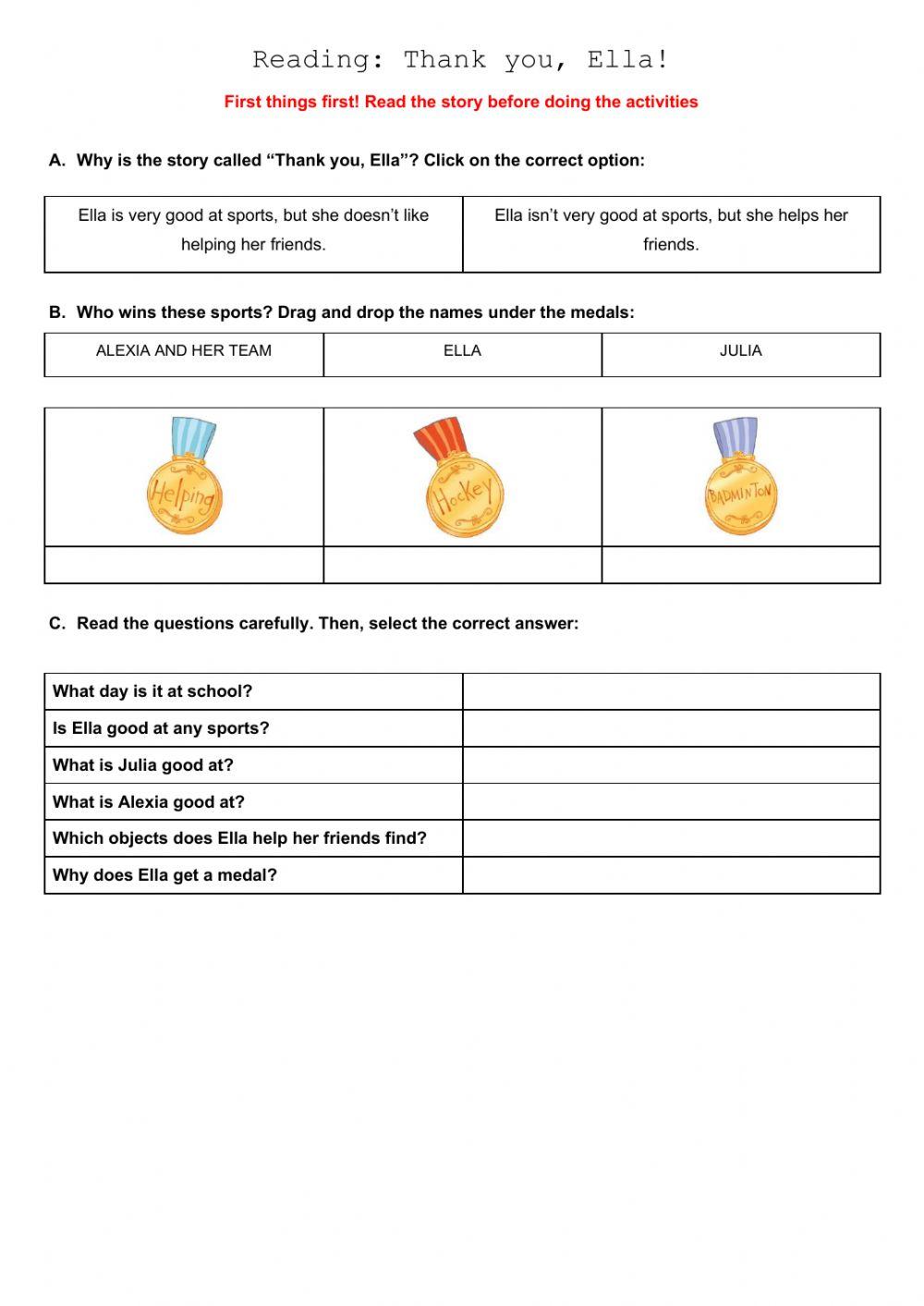 Reading: Thank you, Ella! worksheet | Live Worksheets