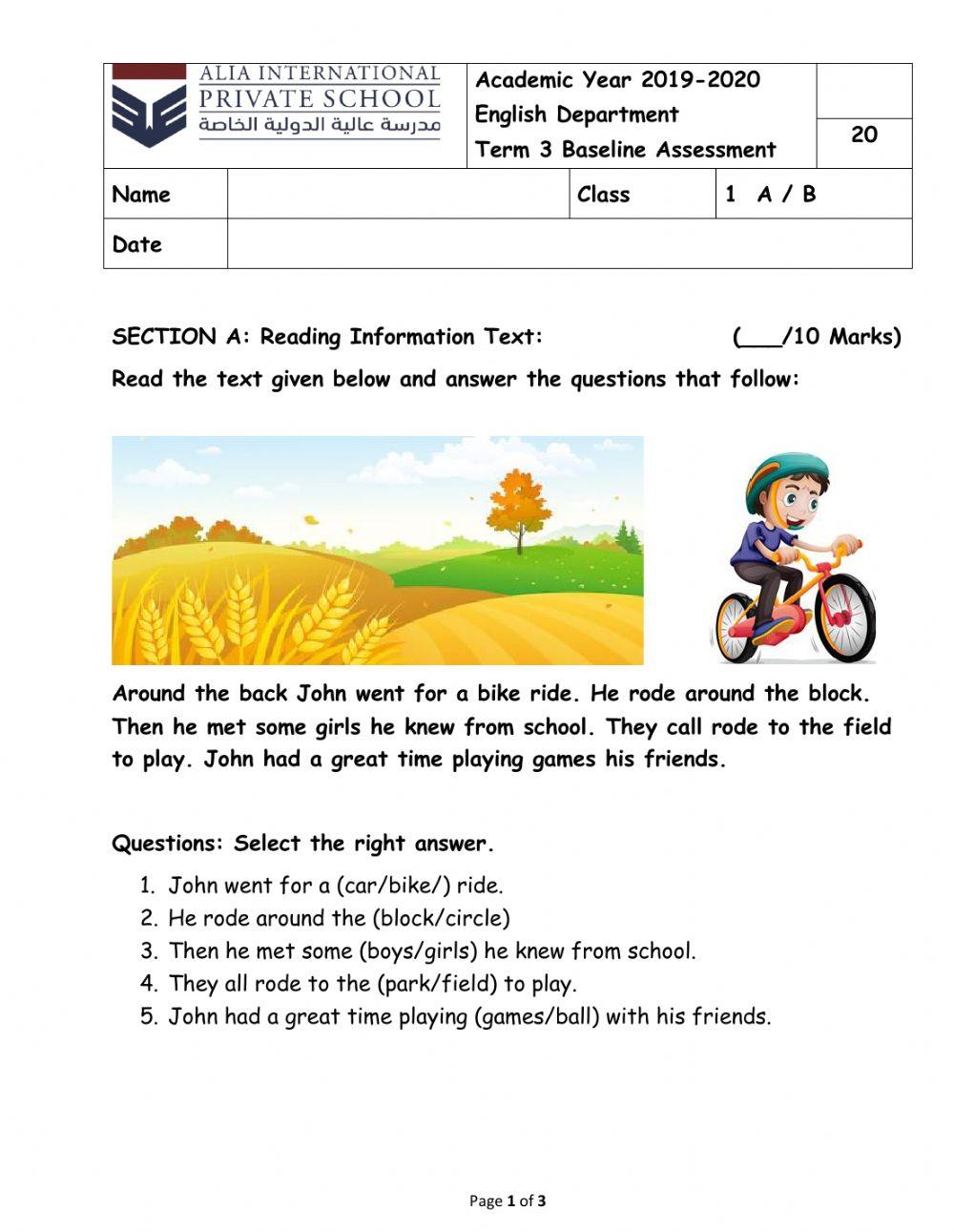 Baseline Assessment test Grade 1 online exercise for | Live Worksheets