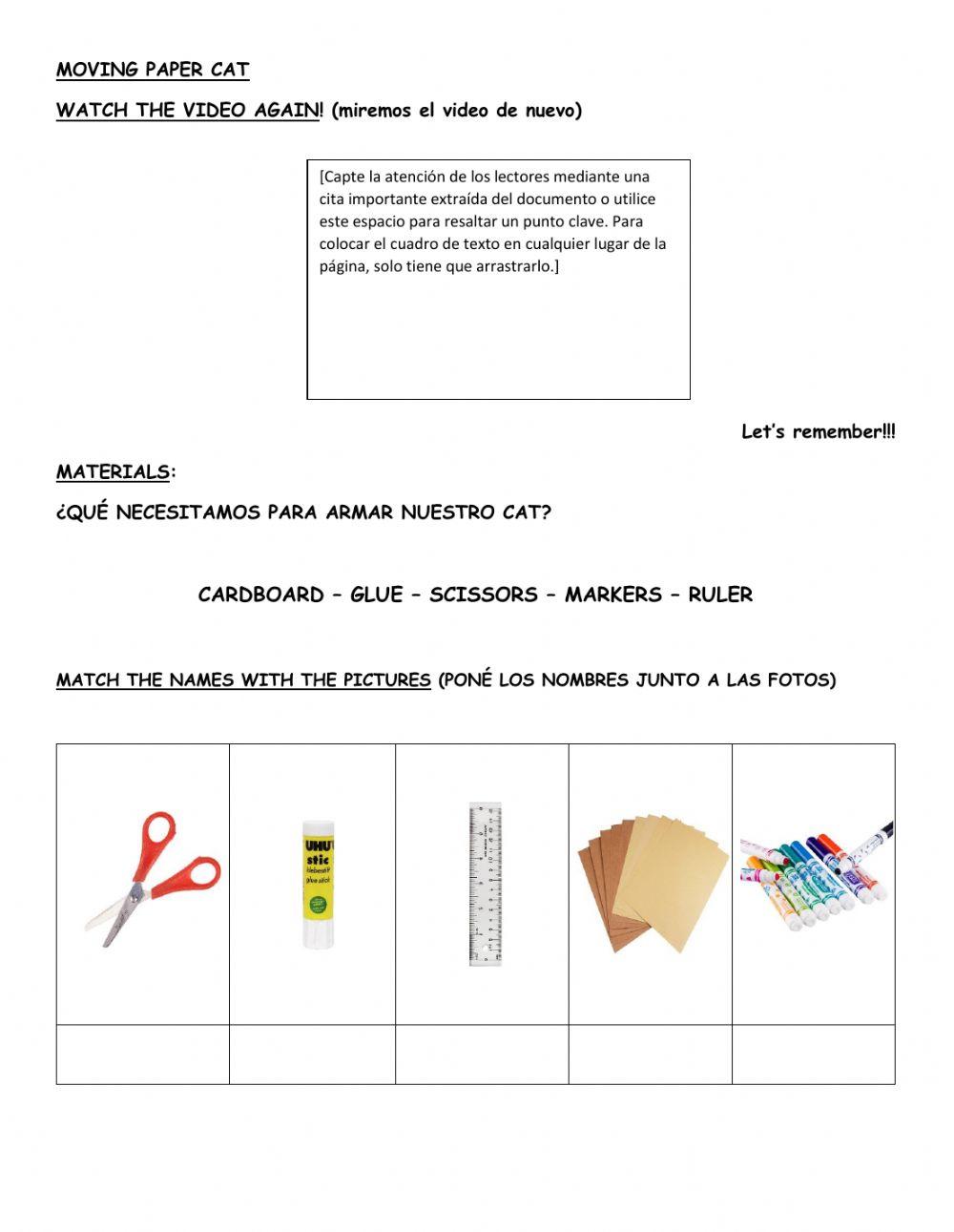 Moving paper cat - Materials worksheet | Live Worksheets