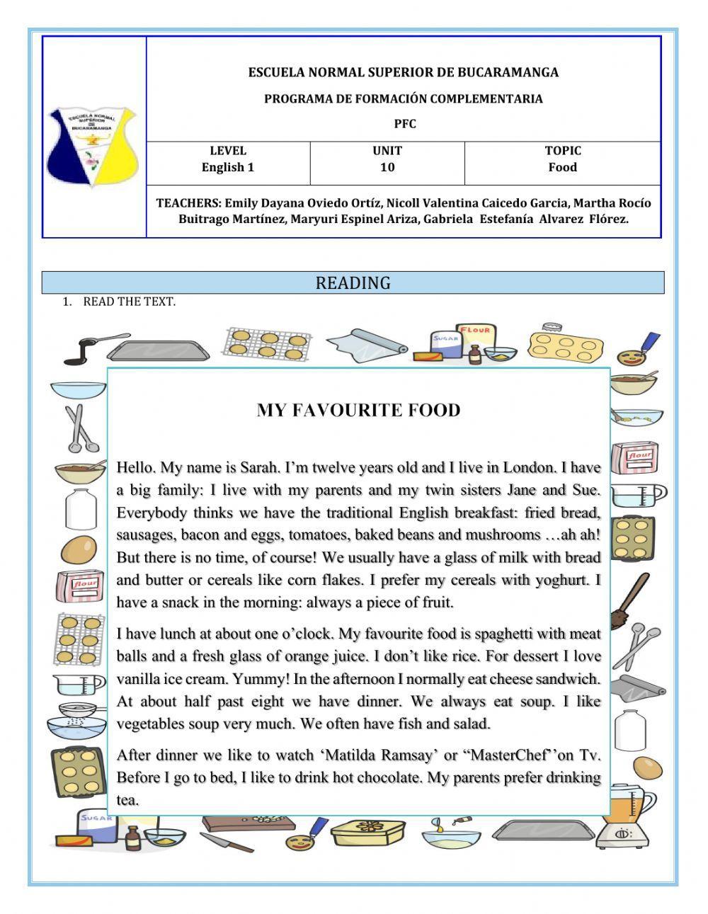 Food reading | Free Interactive Worksheets | 284300
