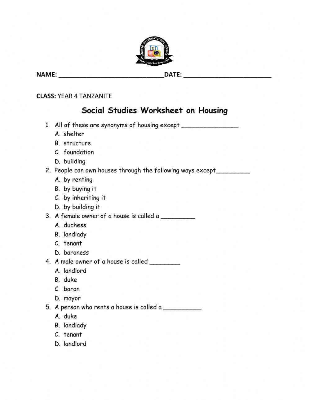 5853799 | Year 4 Social Studies Housing Worksheet