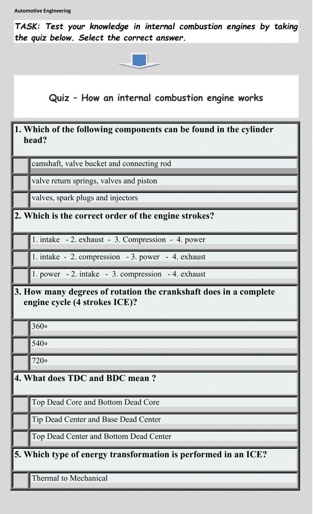 ICE Components & Systems - Quiz worksheet | Live Worksheets