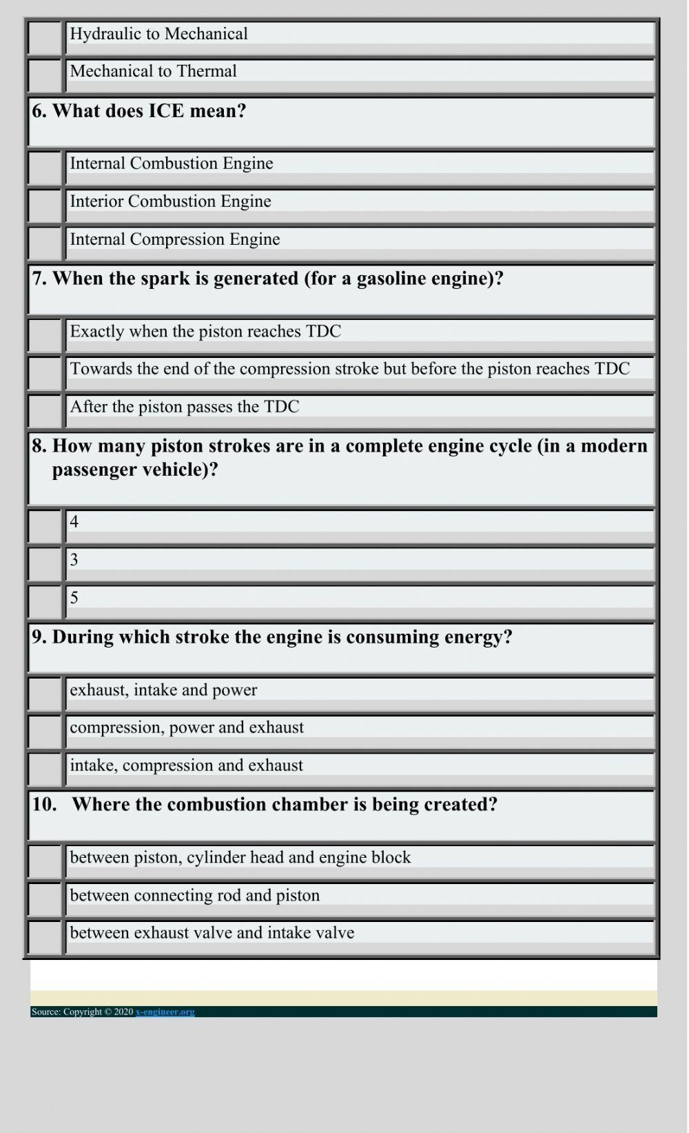 ICE Components & Systems - Quiz worksheet | Live Worksheets