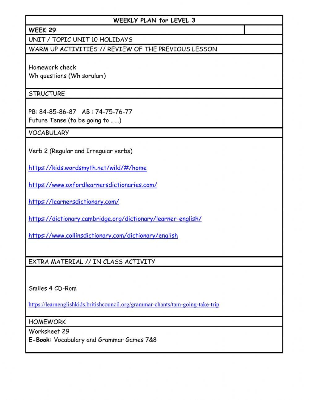 Level 3 Wee 29 weekly plan worksheet | Live Worksheets