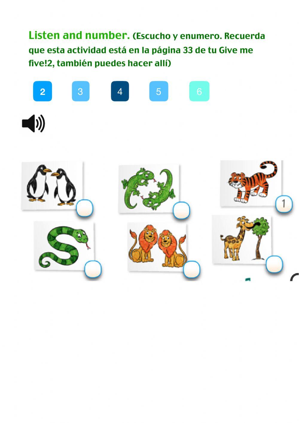 Listen and number (animals) worksheet | Live Worksheets