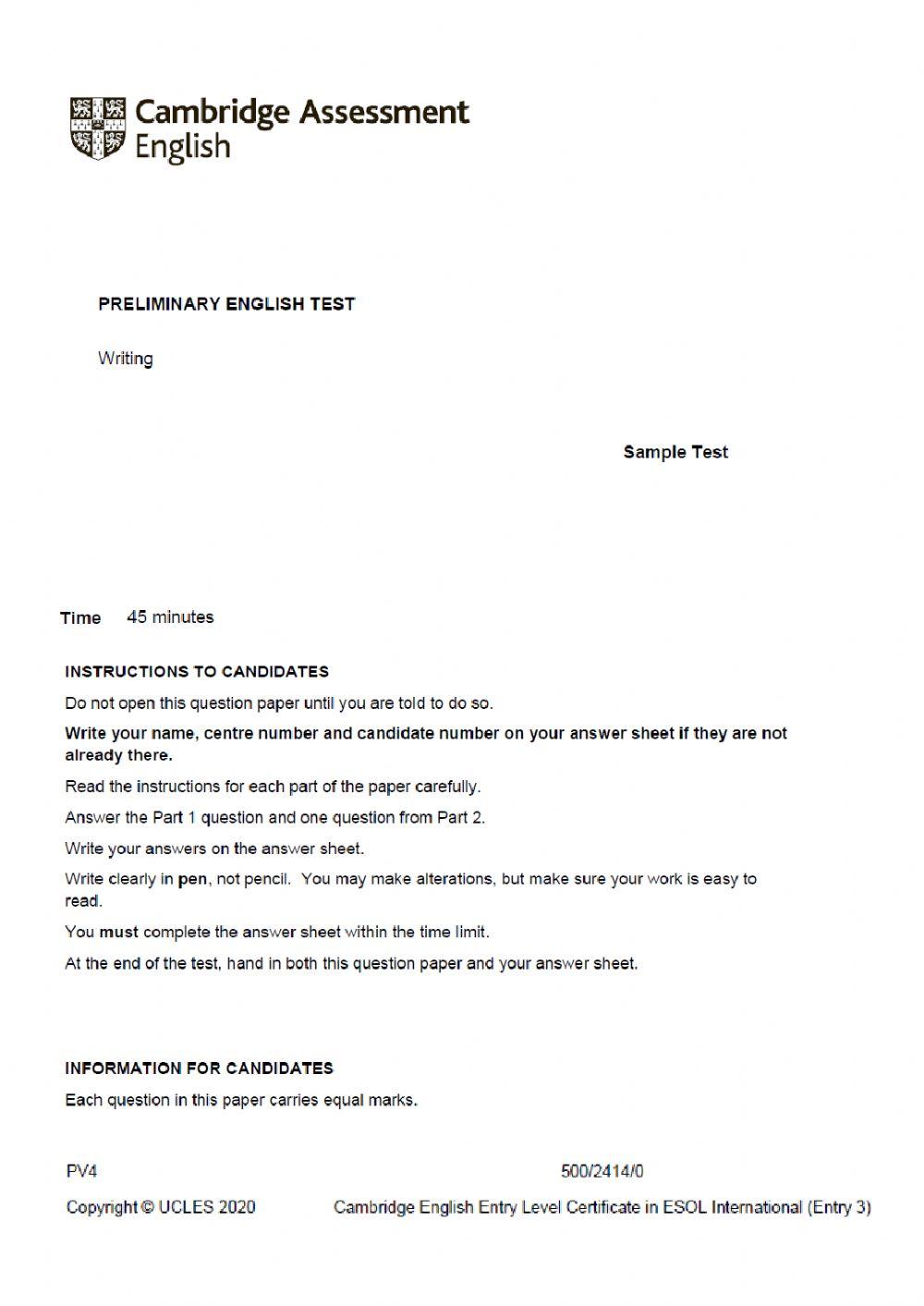 PET Reading Exam - Part 02 & Writing worksheet | Live Worksheets