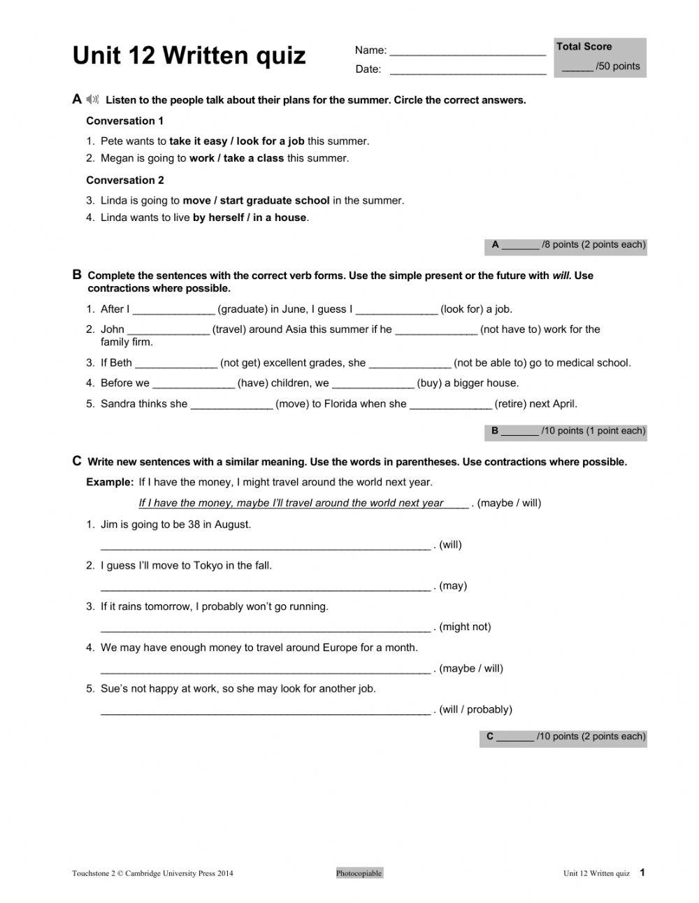 UNIT 12 Written quiz online exercise for | Live Worksheets
