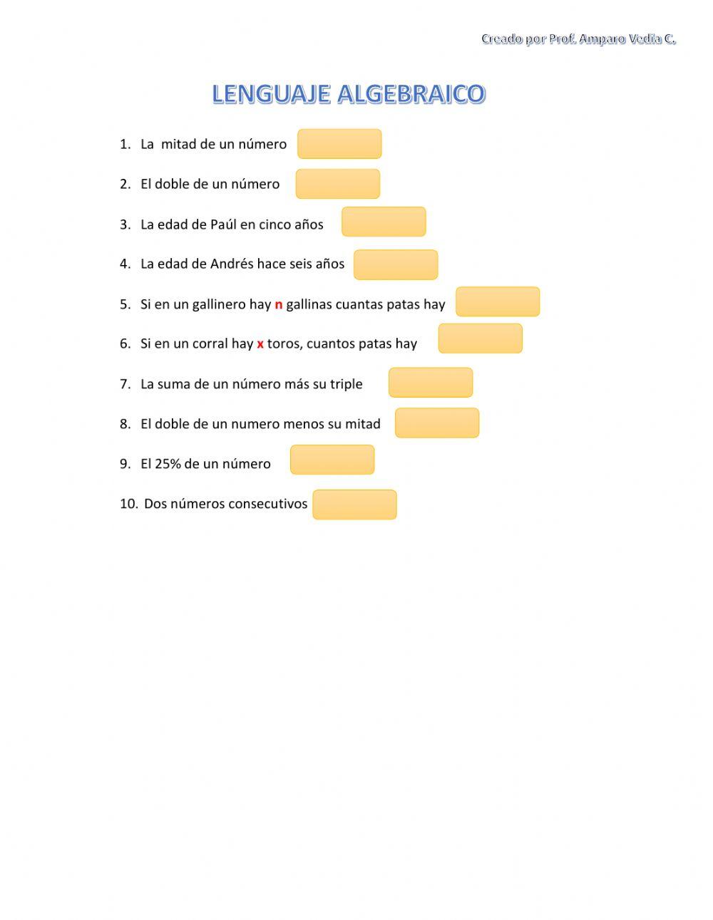 Lenguaje algebraico | Live Worksheets