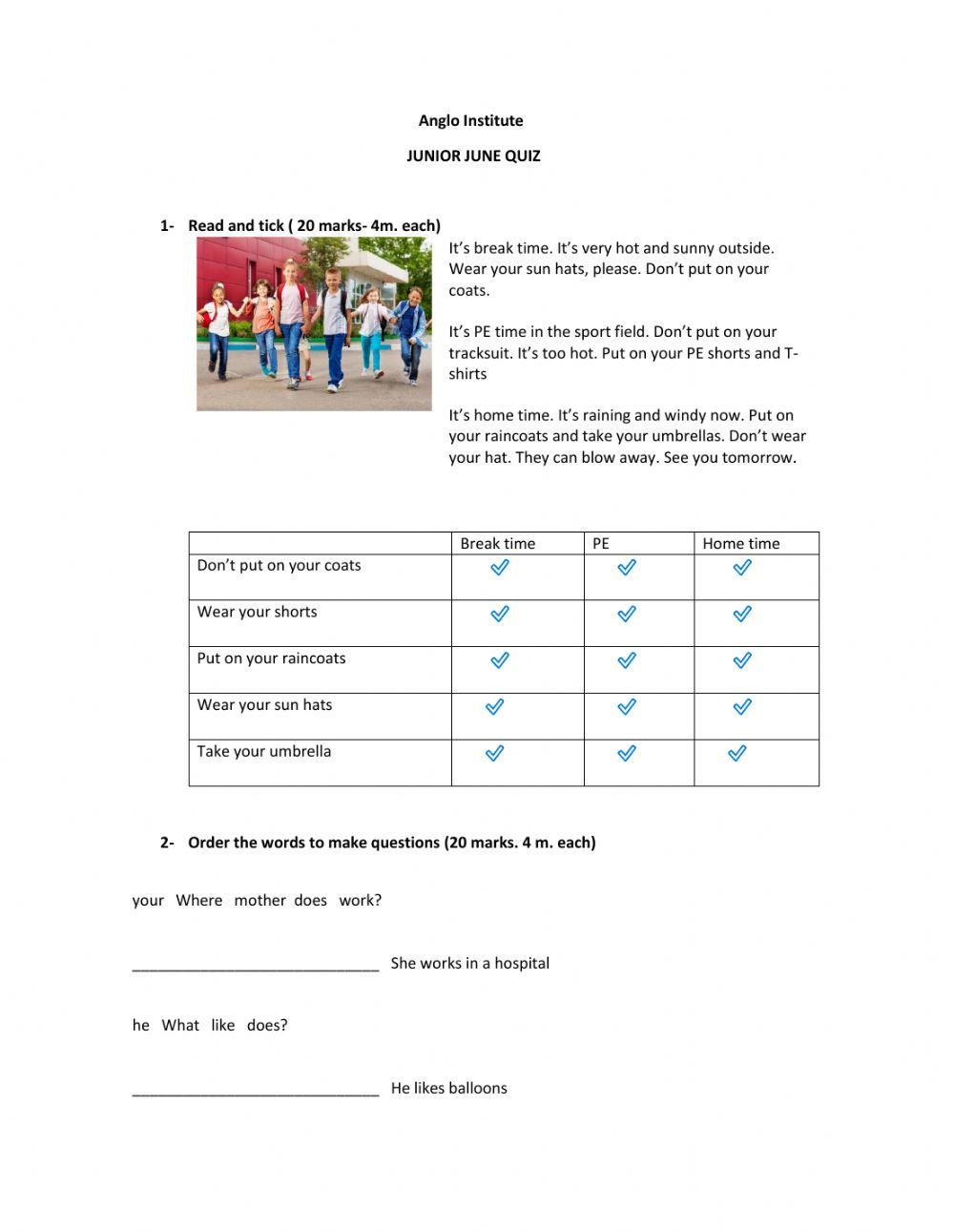 Junior June Quiz worksheet | Live Worksheets