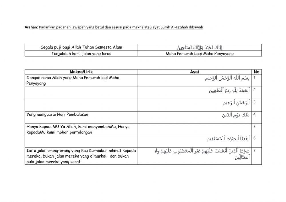 Ayat Kefahaman Surah Al-Fatihah worksheet | Live Worksheets