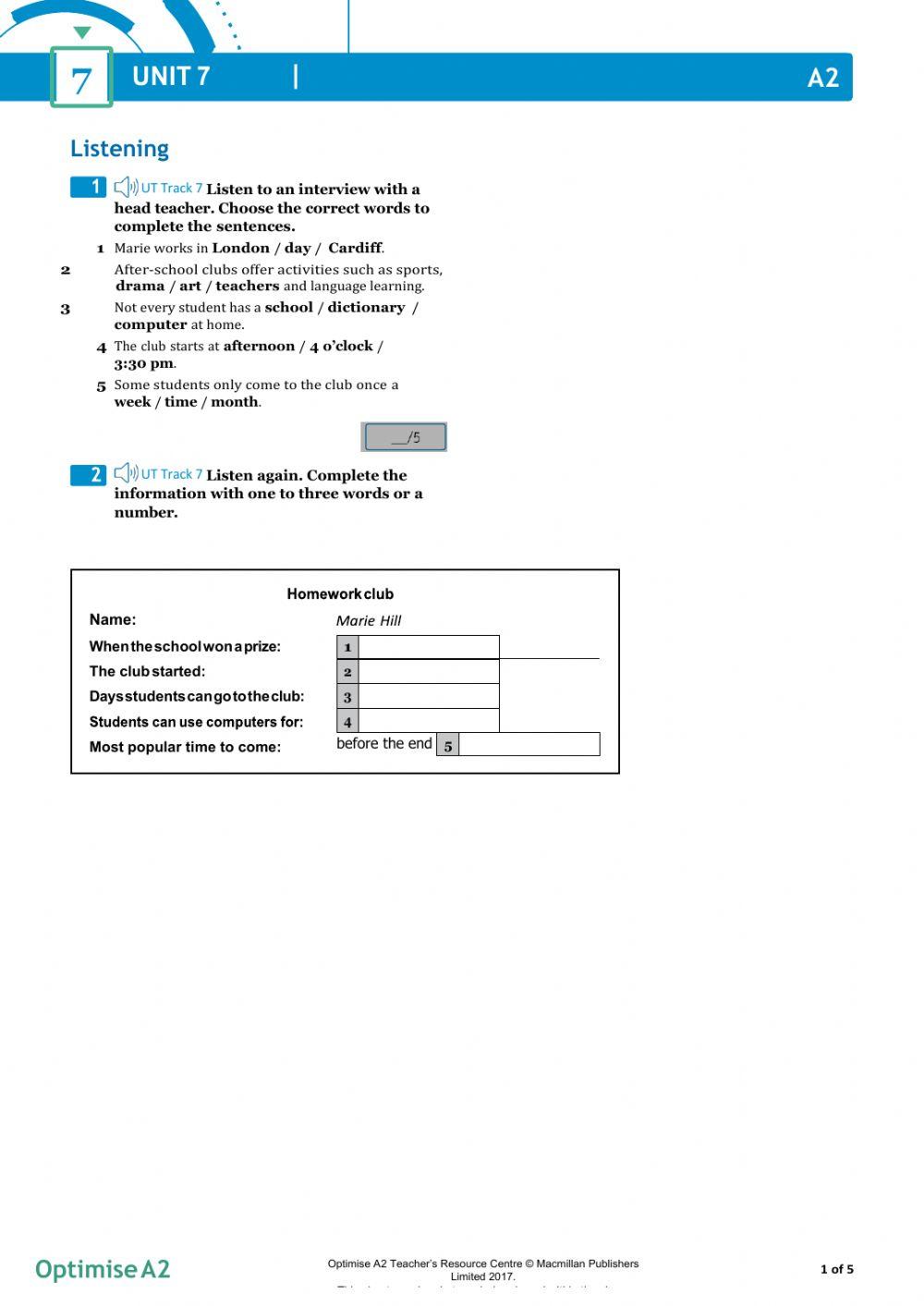 optimise A2 UNIT 7 TEST online exercise for | Live Worksheets