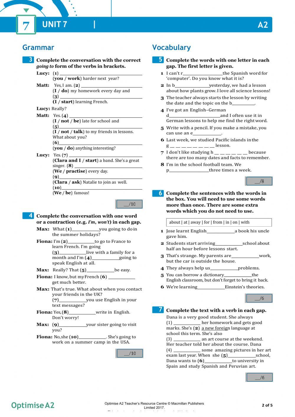 optimise A2 UNIT 7 TEST online exercise for | Live Worksheets