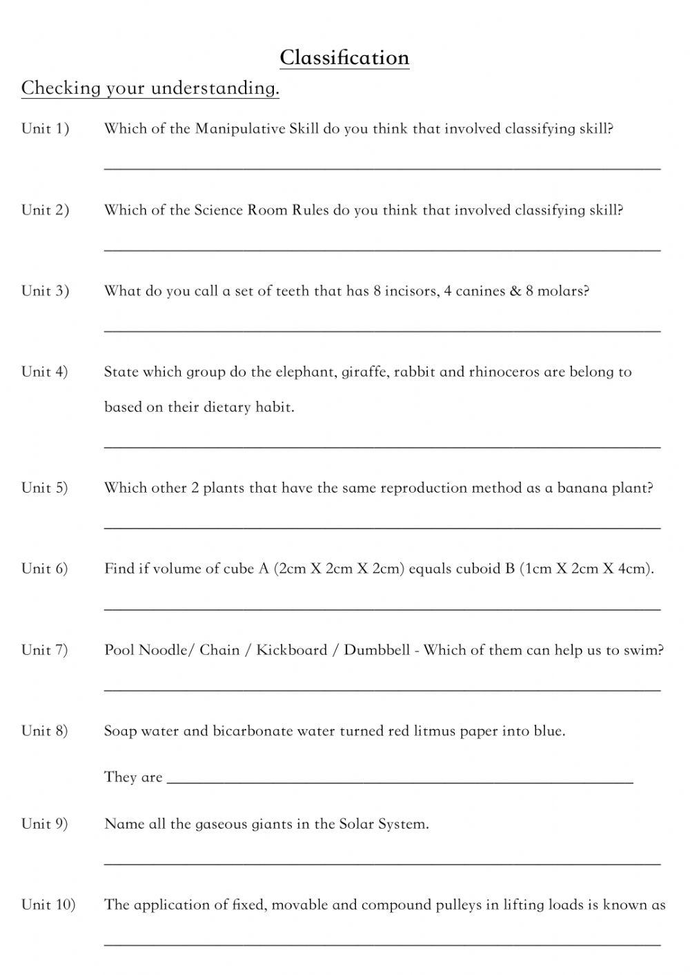 KSSR - DLP Sc - Checking Understanding - SPS Classifying worksheet ...