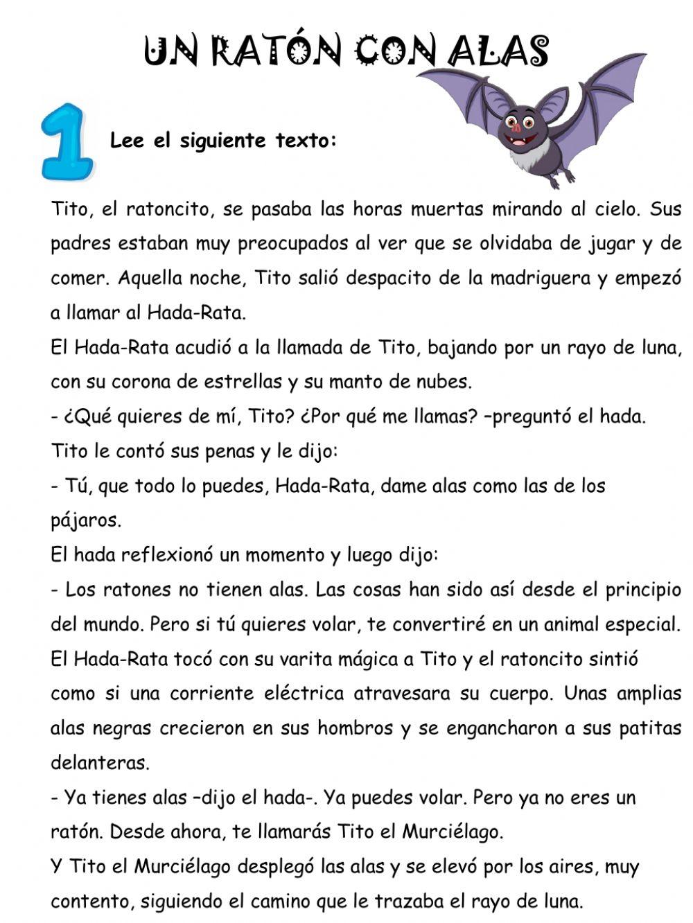 Comprensión lectora: Un ratón con alas worksheet | Live Worksheets