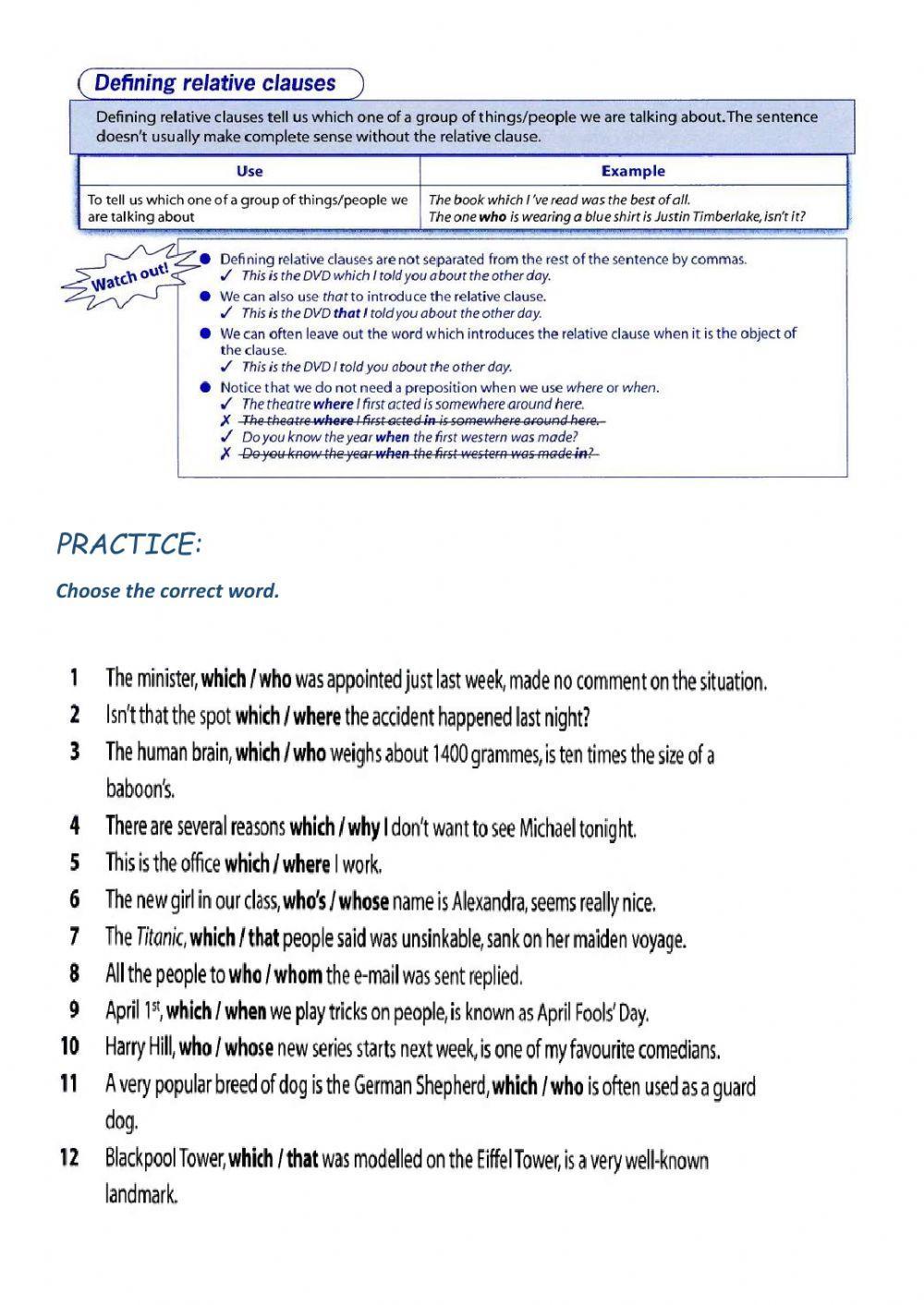 Pdf online exercise: Relative clauses | Live Worksheets