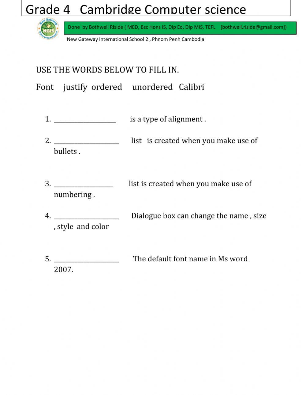 Grade 4 ICT Ms … | Free Interactive Worksheets | 256361