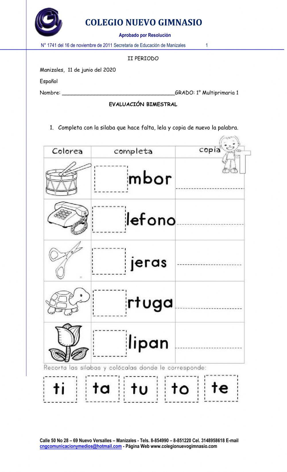 Español worksheet for grado primero | Live Worksheets