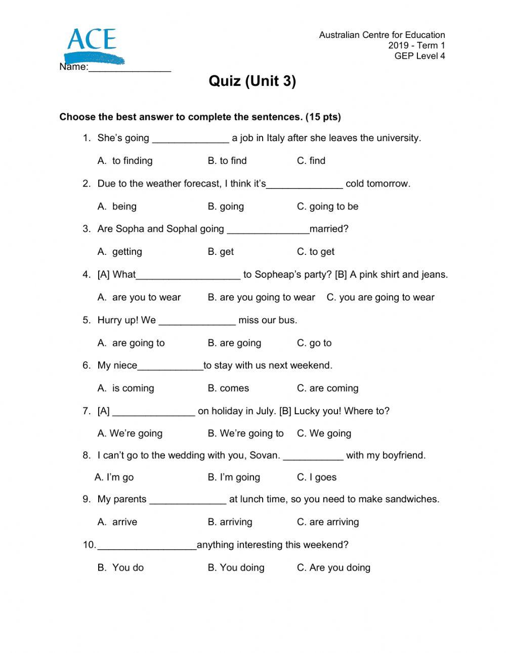 Unit 3 Quiz worksheet | Live Worksheets