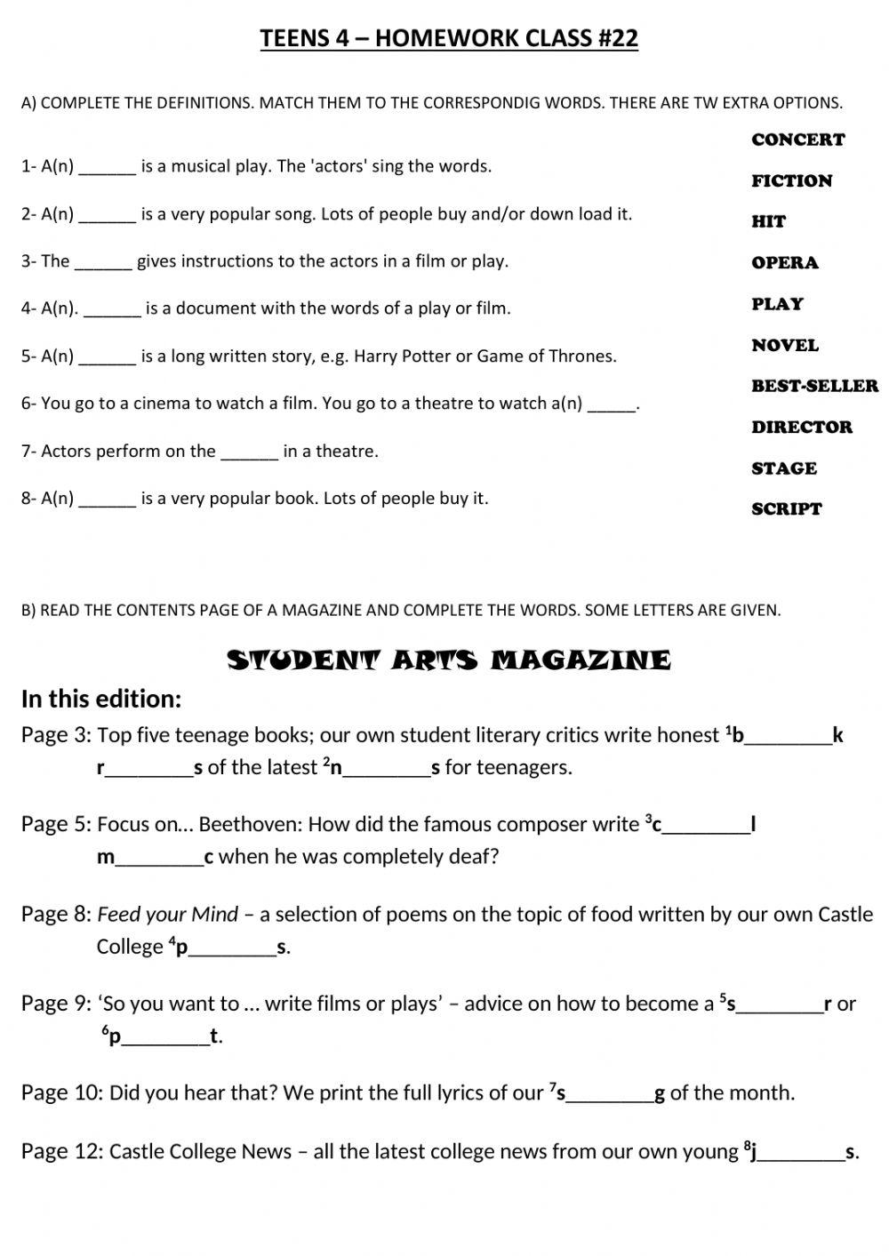 Teens 4 - homework: 08-06-2020 worksheet | Live Worksheets