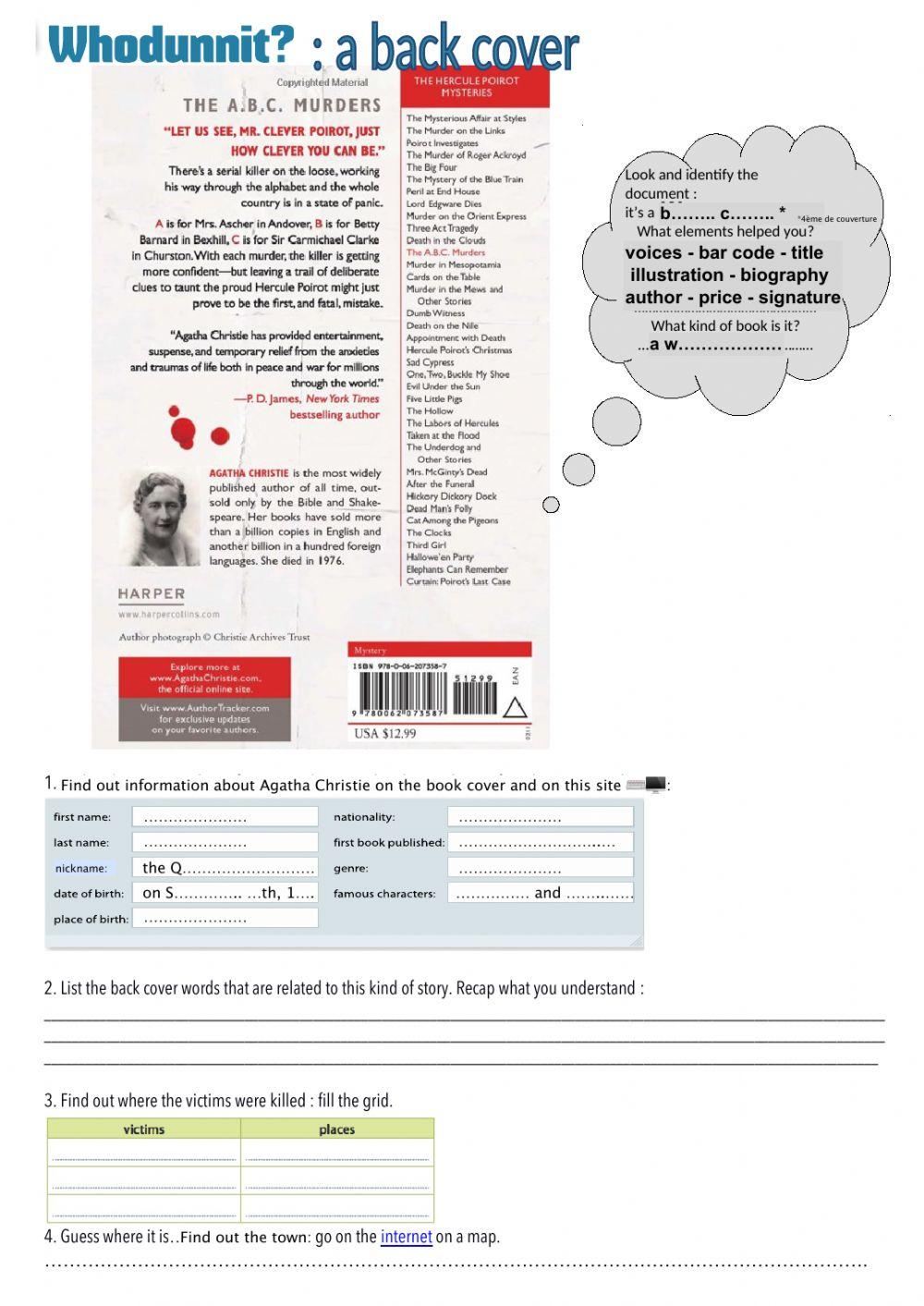 Whodunit back cover reading and listening worksheet | Live Worksheets