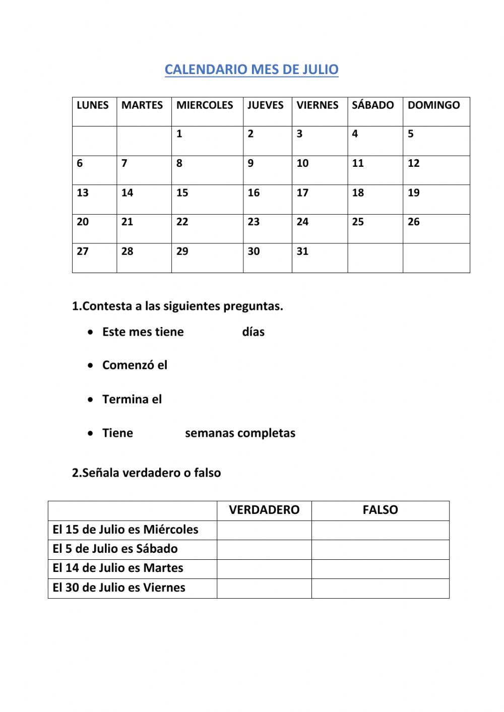 Calendario julio worksheet | Live Worksheets