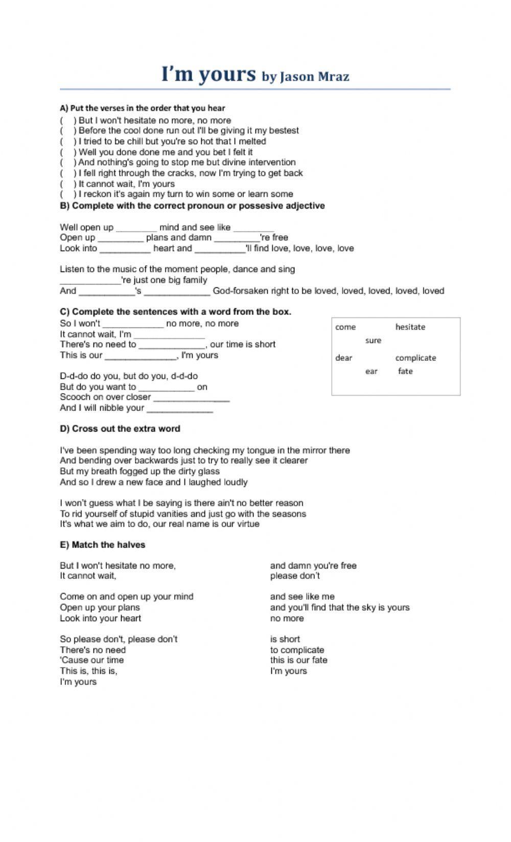I'm yours | Free Interactive Worksheets | 299978