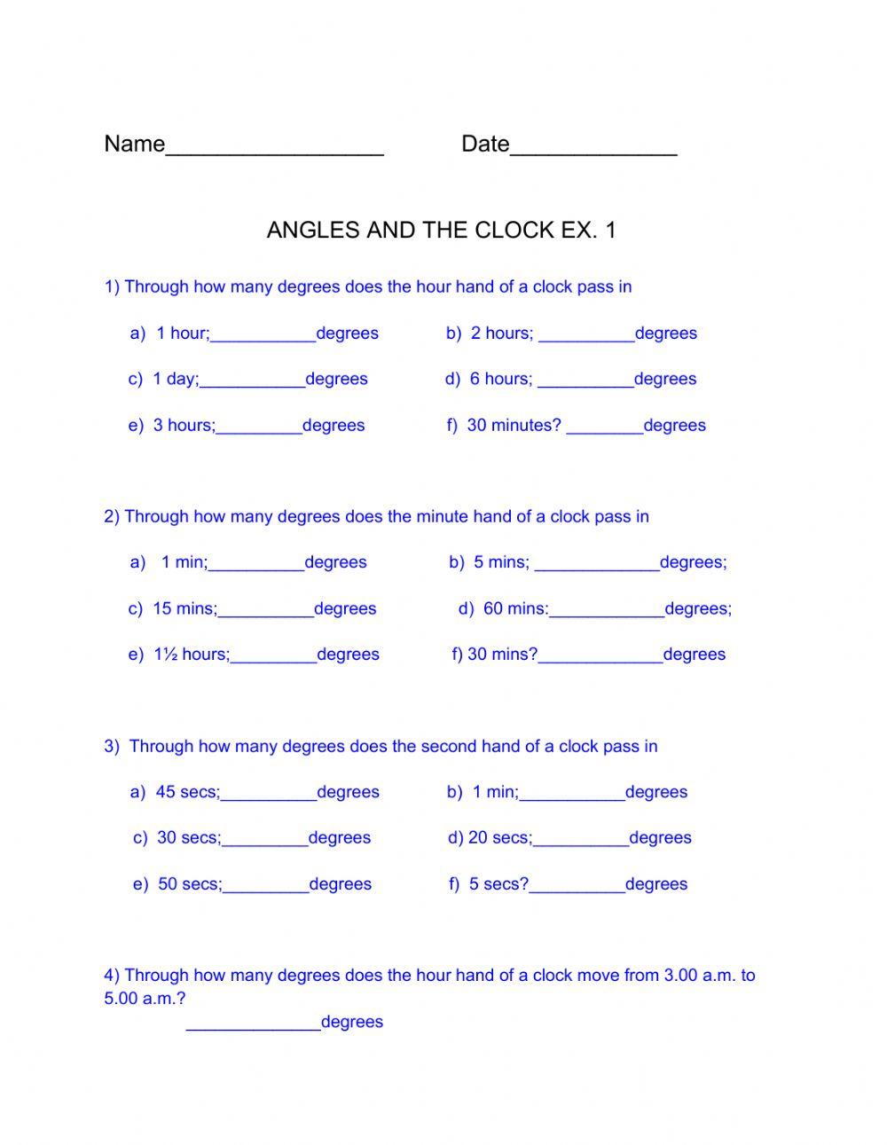 clock angles worksheet