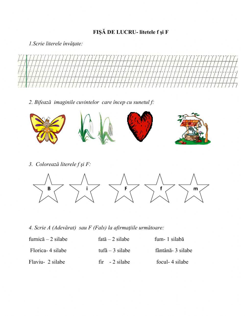 Fisa- SUNETUL SI LITERELE f SI F worksheet | Live Worksheets