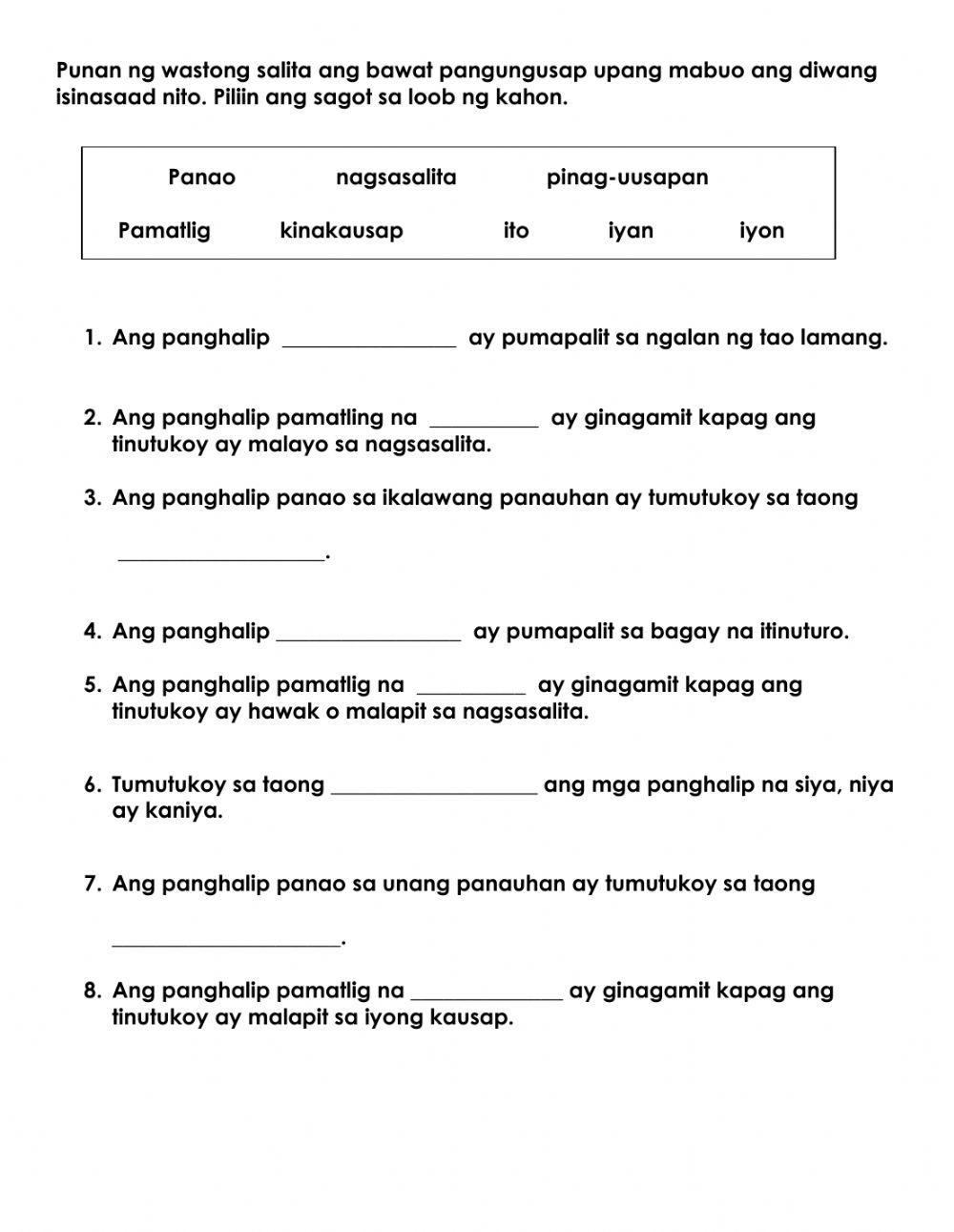 Panghalip Pambagay Worksheet