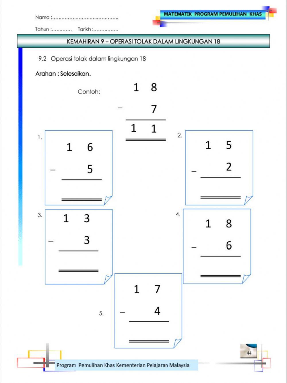 Operasi Tolak | Live Worksheets