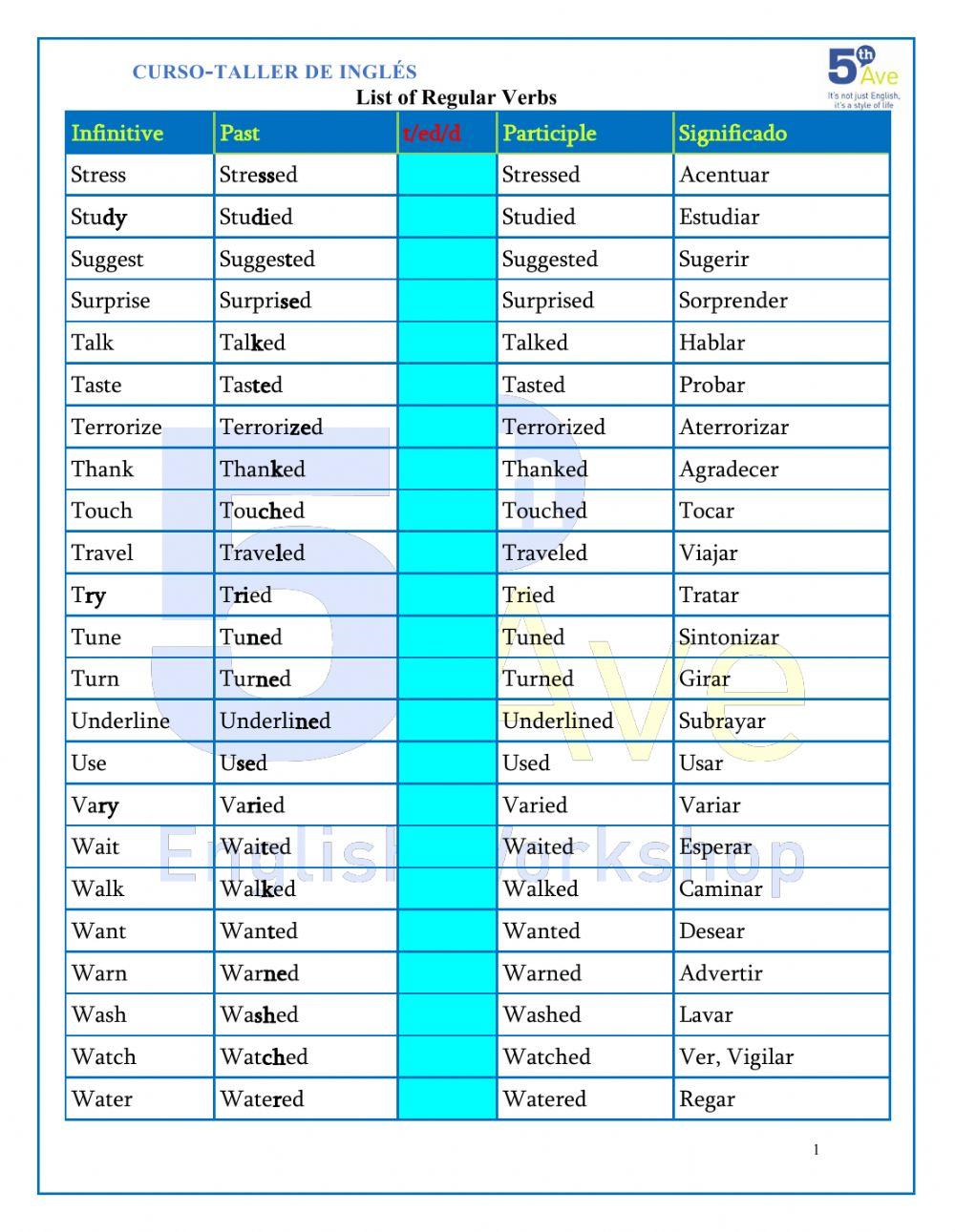 List of Regular Verbs 5 de 5 5890864 | Teacher_Vale10