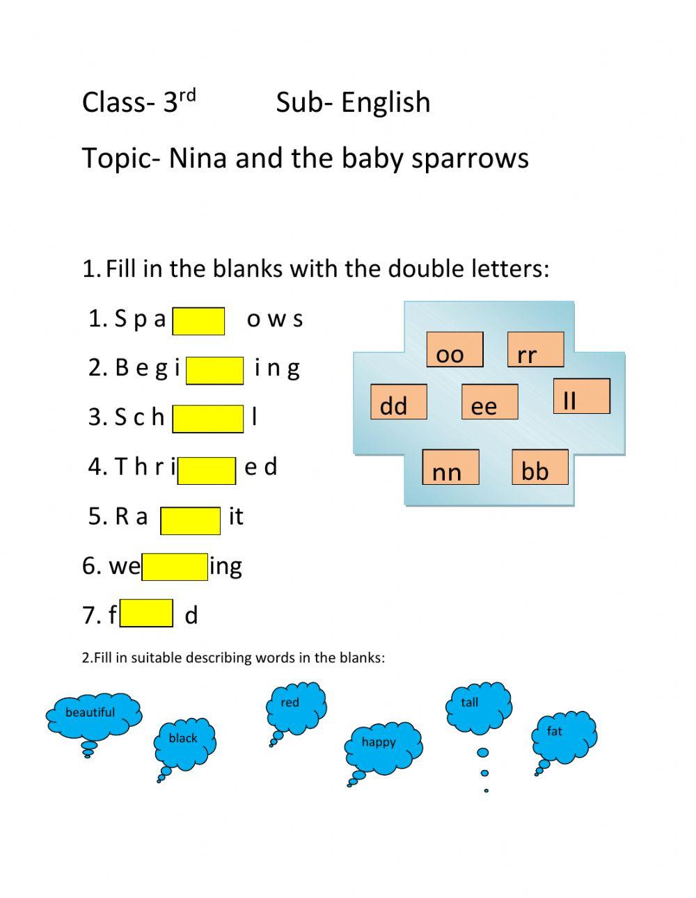 Nina and the baby sparrows worksheet 1 1349 | harshila