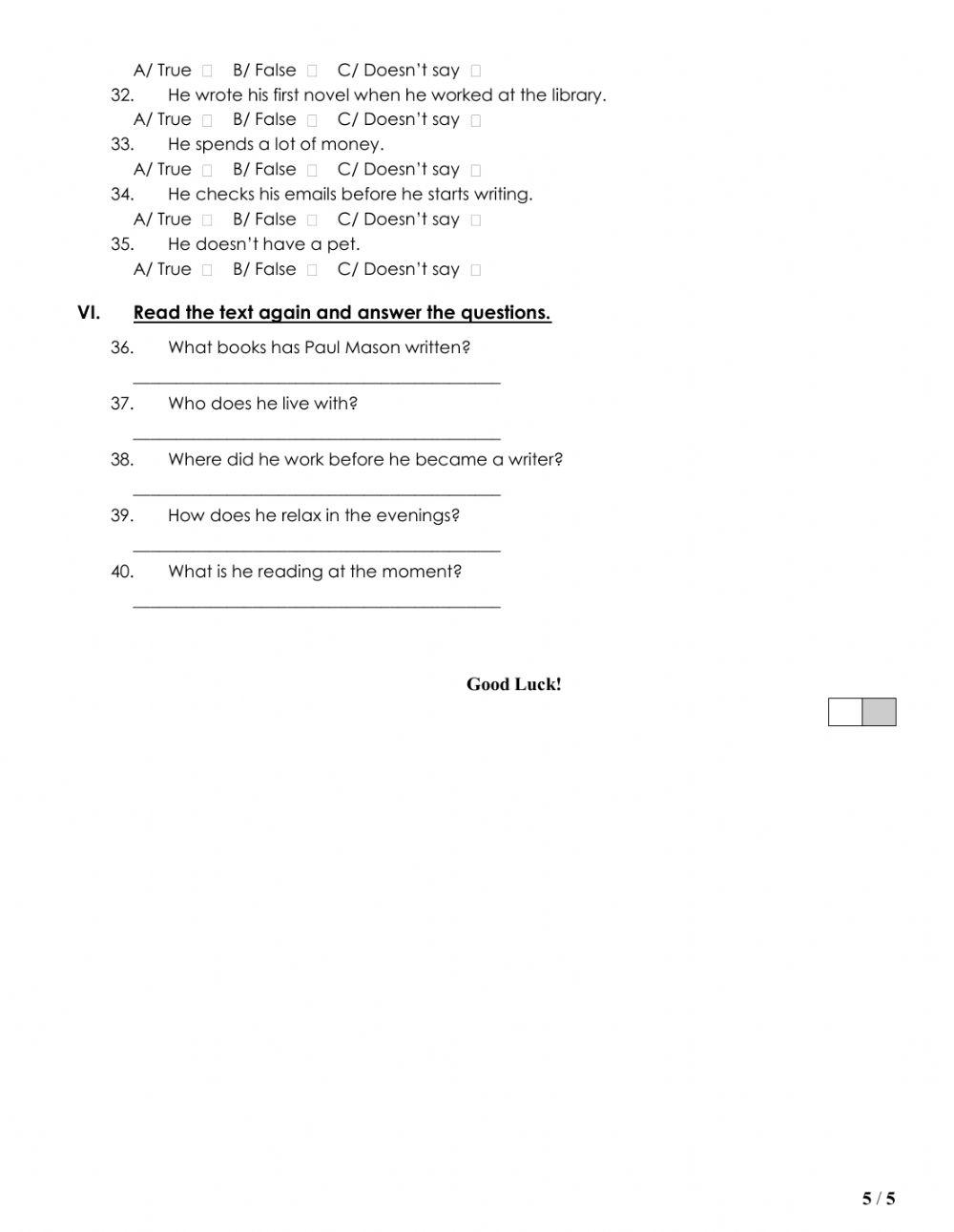 G4 EF Reading (4th term 2020) worksheet | Live Worksheets