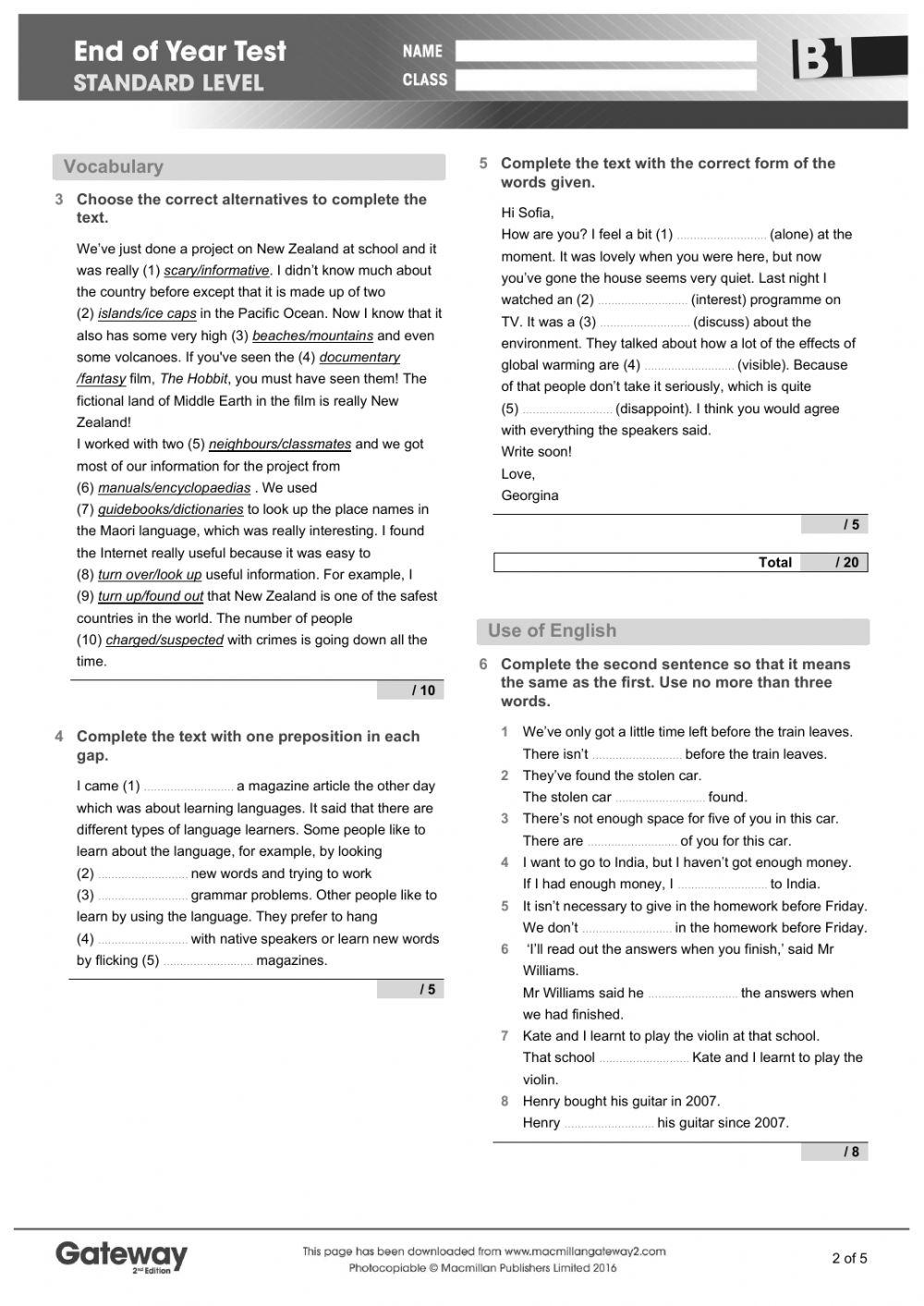 Gateway B1 End of year test online exercise for | Live Worksheets