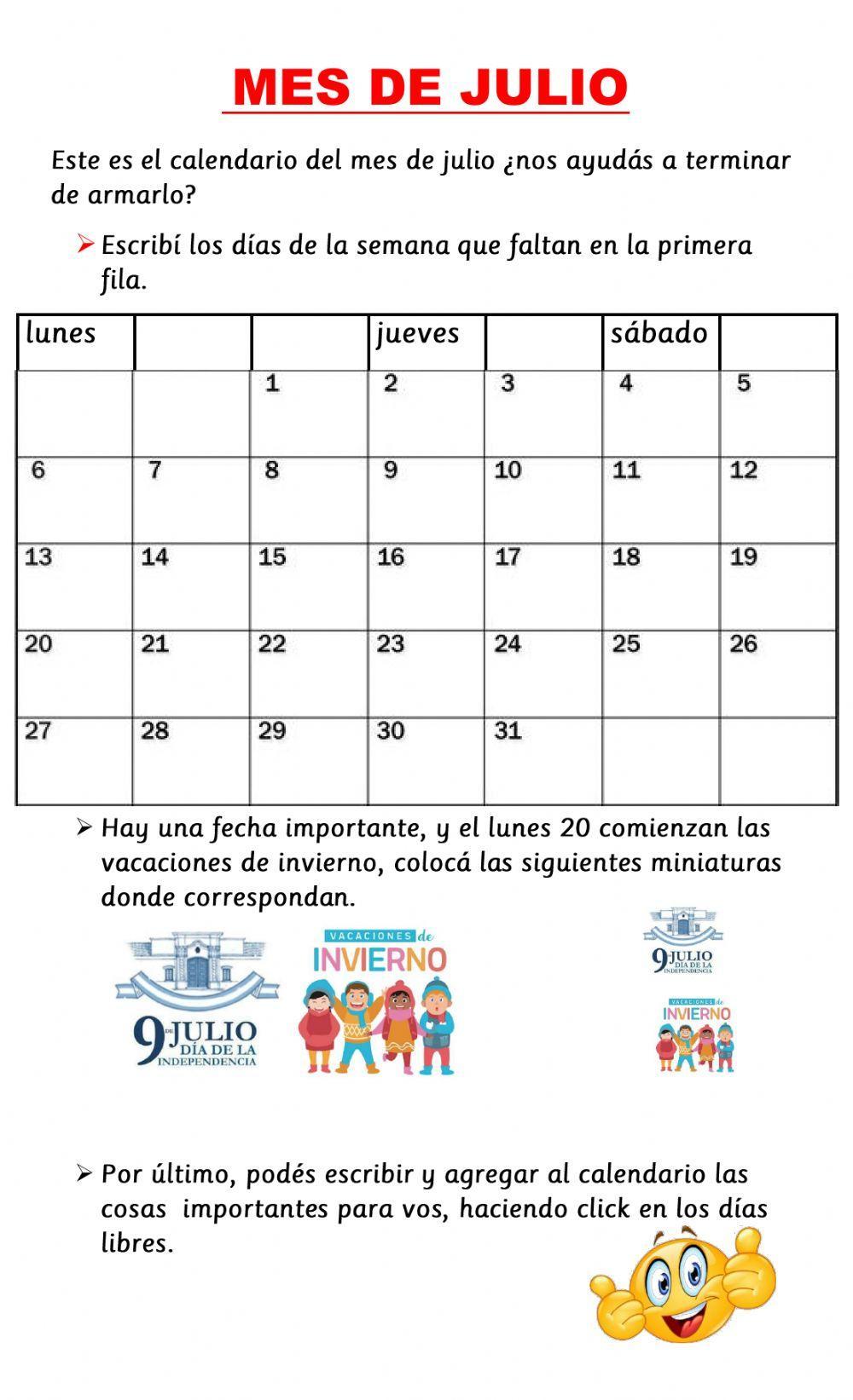 Mes de julio worksheet | Live Worksheets