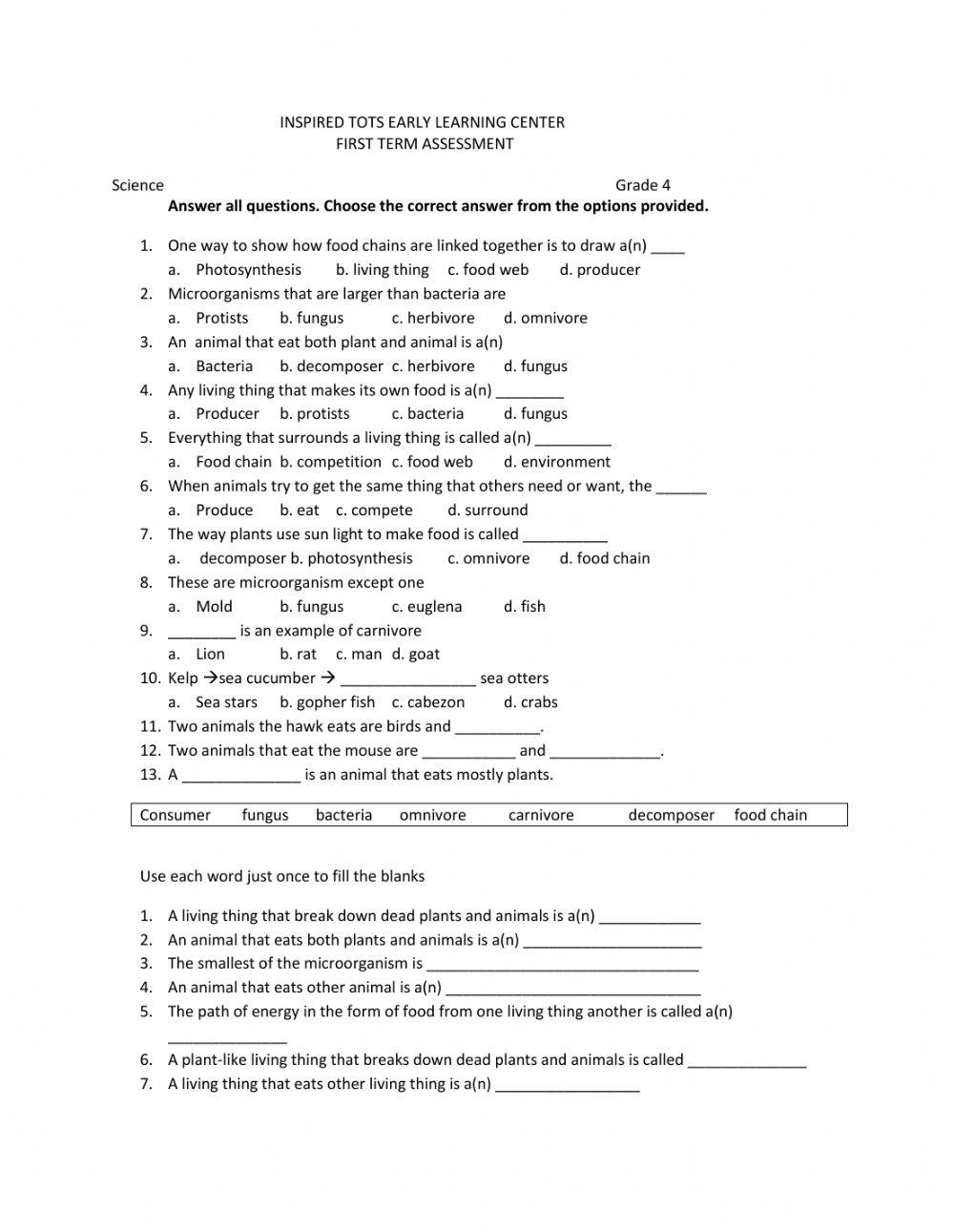 Science First Term Examination worksheet | Live Worksheets