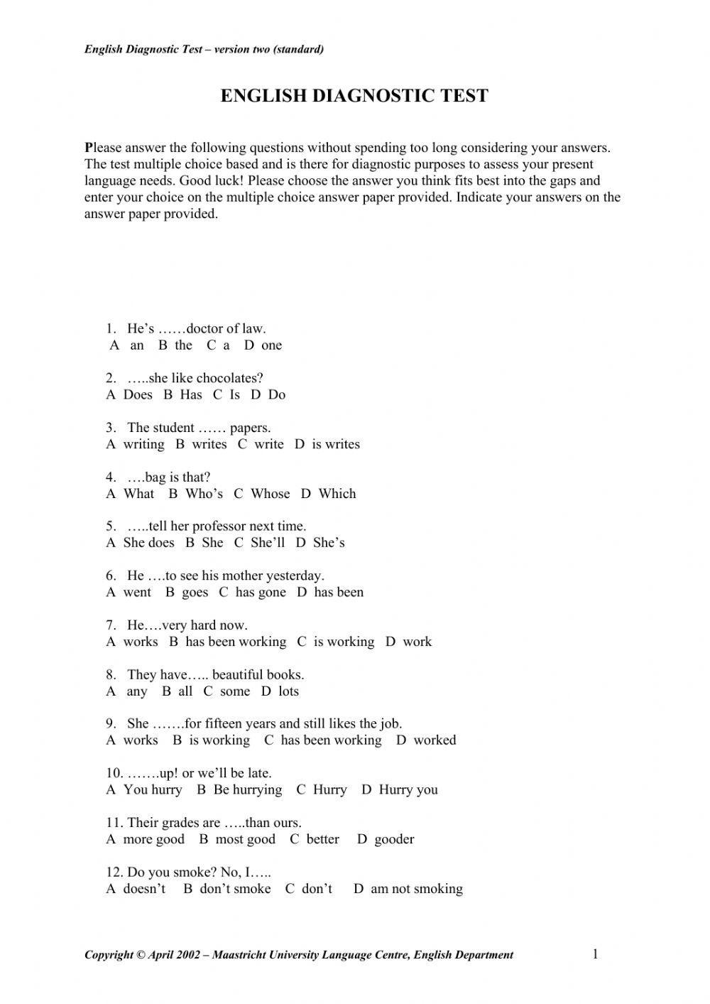 Diagnostic test interactive activity | Live Worksheets
