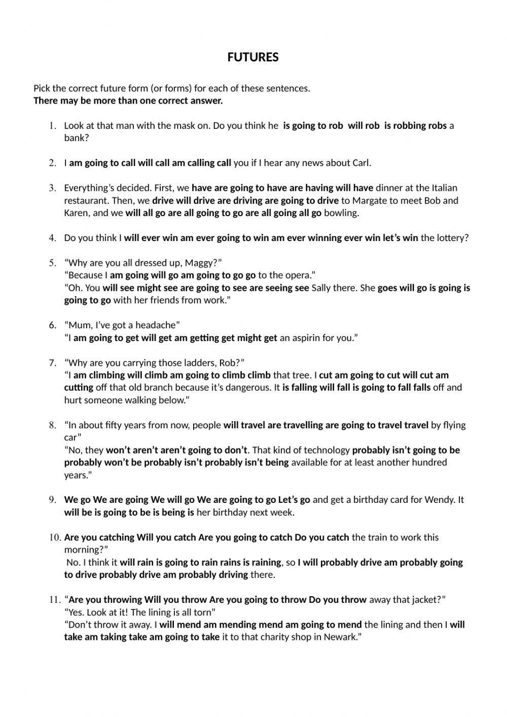 Pick the correct future form worksheet | Live Worksheets