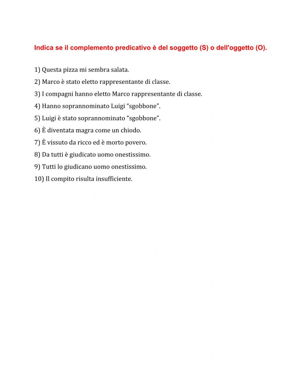 complementi predicativi worksheet | Live Worksheets