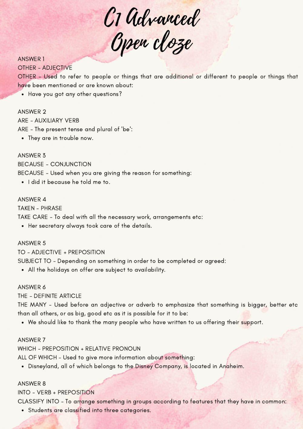 C1 Advanced - Open cloze (16.07) Explanation worksheet | Live Worksheets