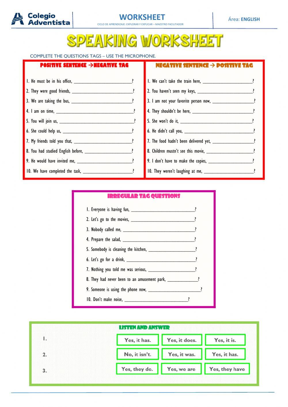 Question tags exercise for 4TH | Live Worksheets