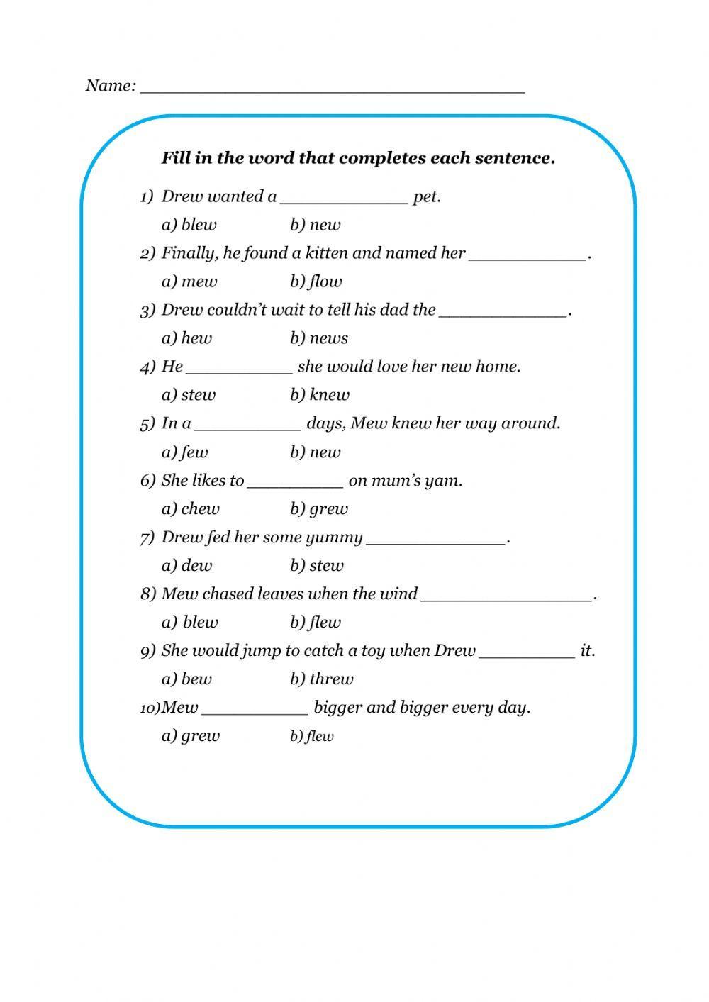 Magic 'ew' sound worksheet | Live Worksheets