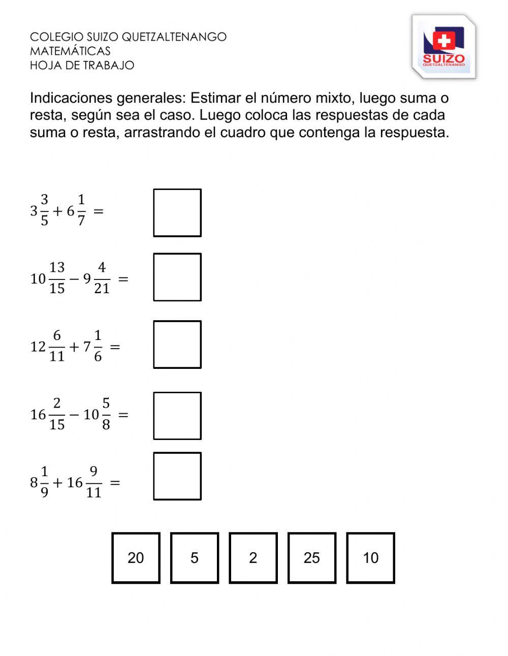 Estimar sumas y restas de números mixtos online exercise for | Live ...